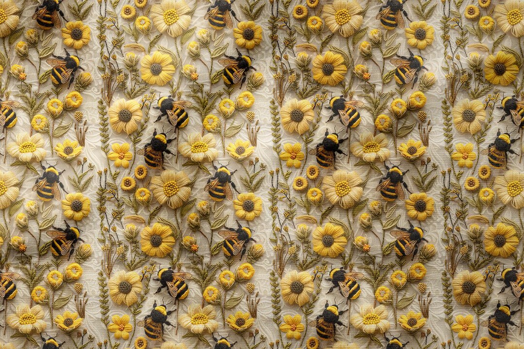 3D Honeybee & Floral Embroidered Effect Digital Print Fabric - Nature ...