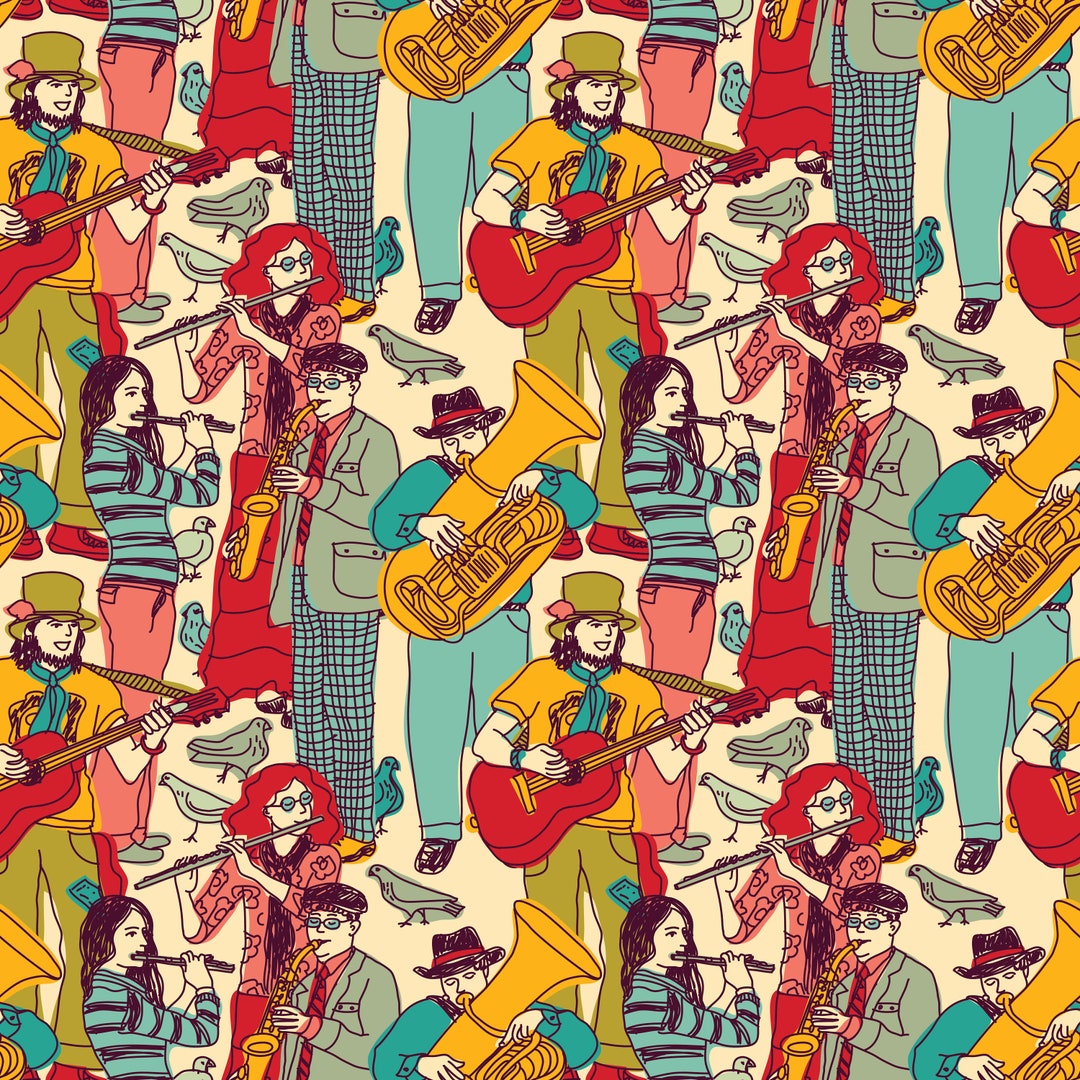 People on the Street Playing Instruments Fabric Polyester Fabric Jazz ...