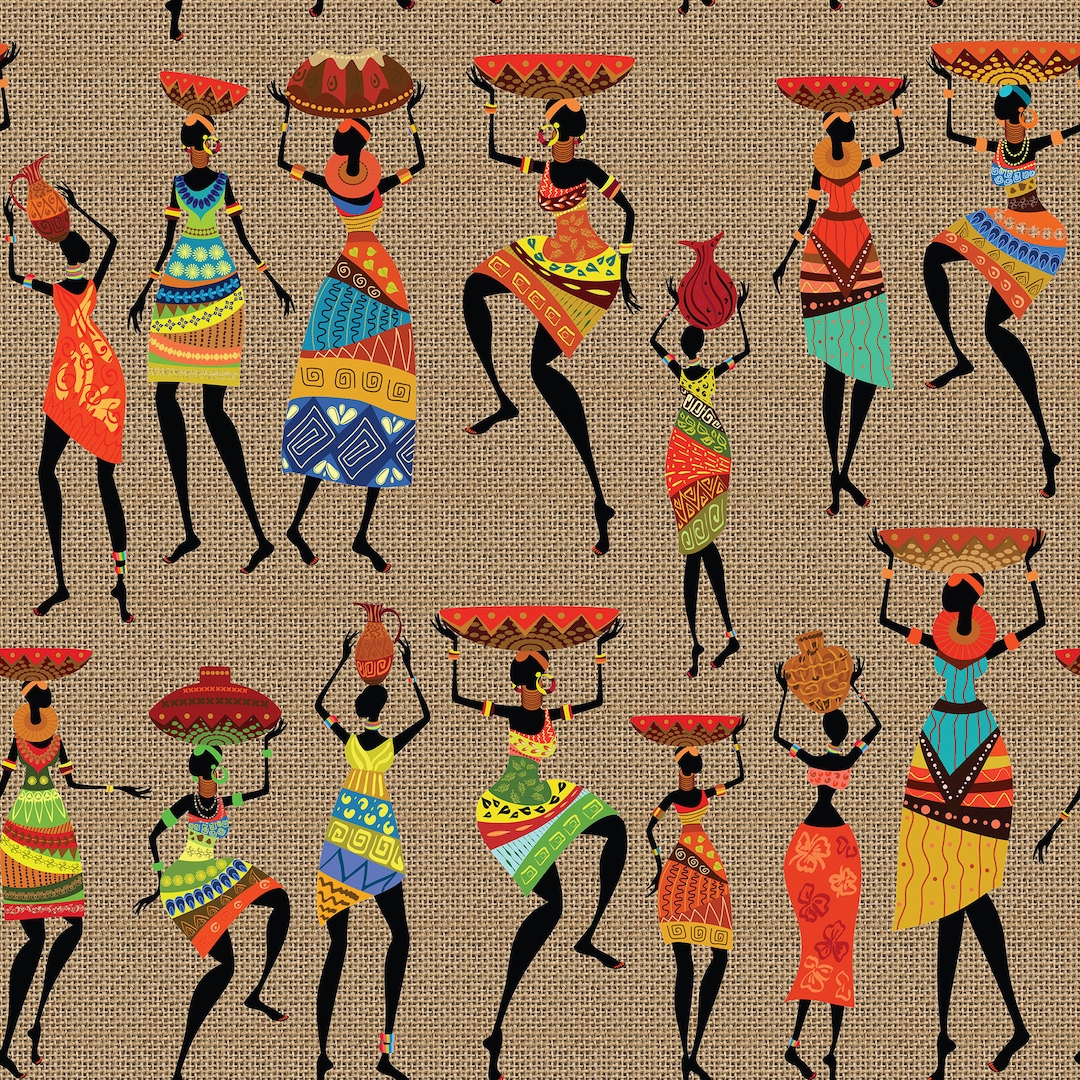 African Women in Colorful Clothes on African Icons With Brown Jute ...
