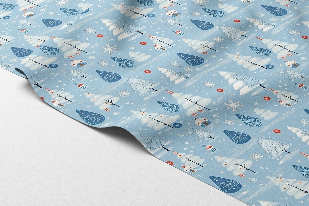 Scandinavian Winter Scene Fabric – Light Blue Minimal Christmas Fabric ...