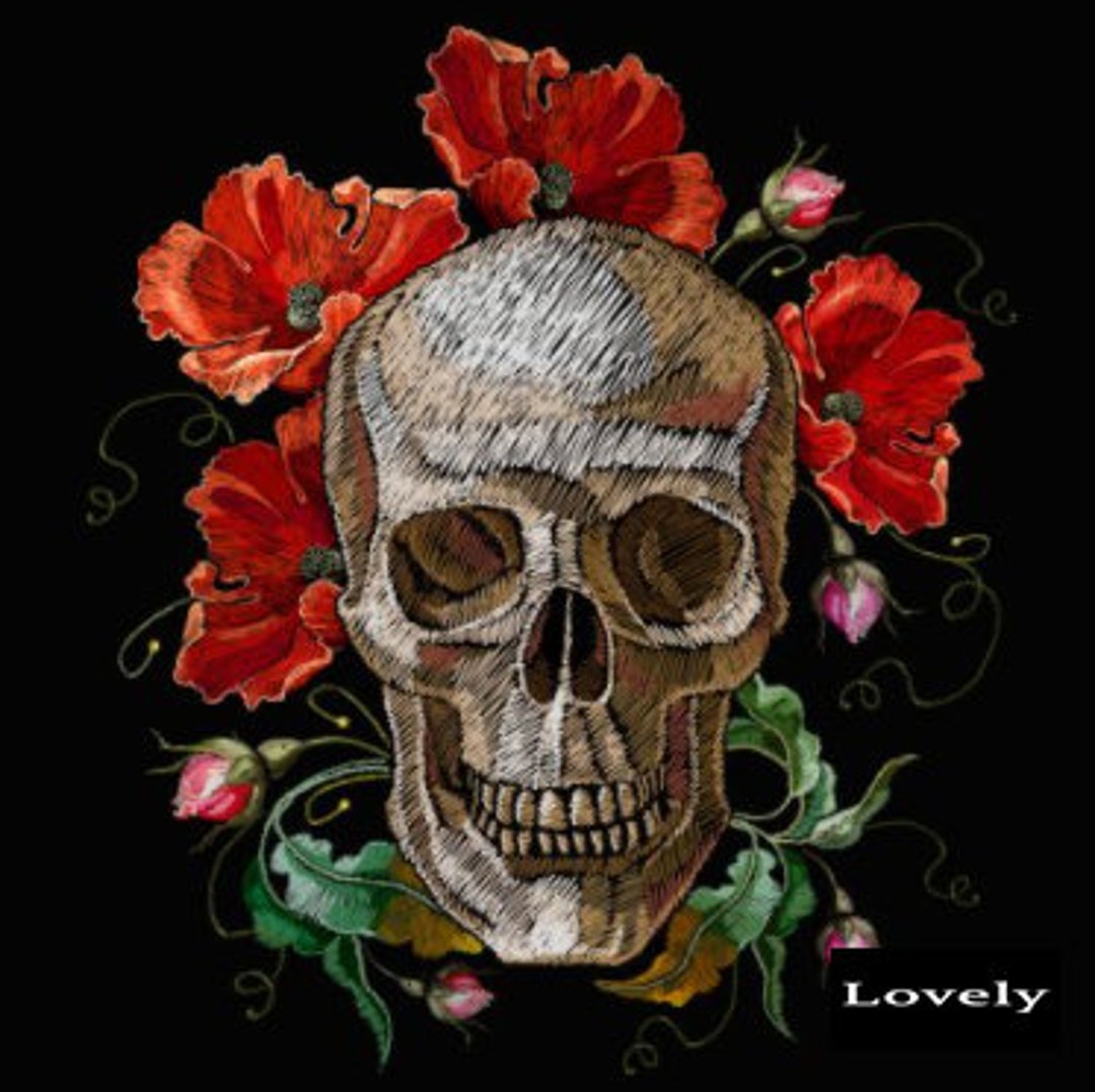 Skull Panel Fabric: Retro Embroidery Effect, Floral Skull Design - Etsy