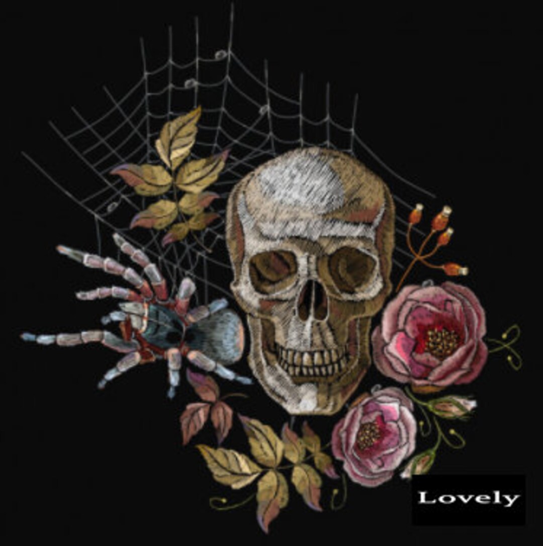 Skull Panel Fabrics Surrounded by Flowers With Embroidery Effect ...
