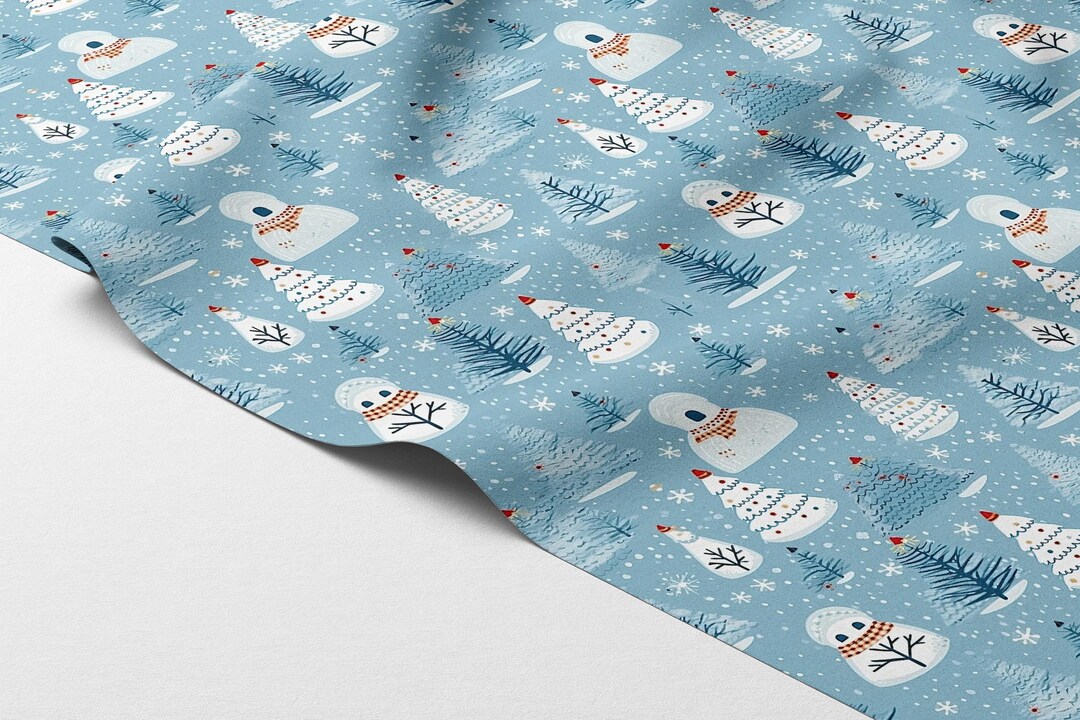 Snowy Friends Fabric – Light Blue 3D Embroidery Effect Christmas Fabric ...