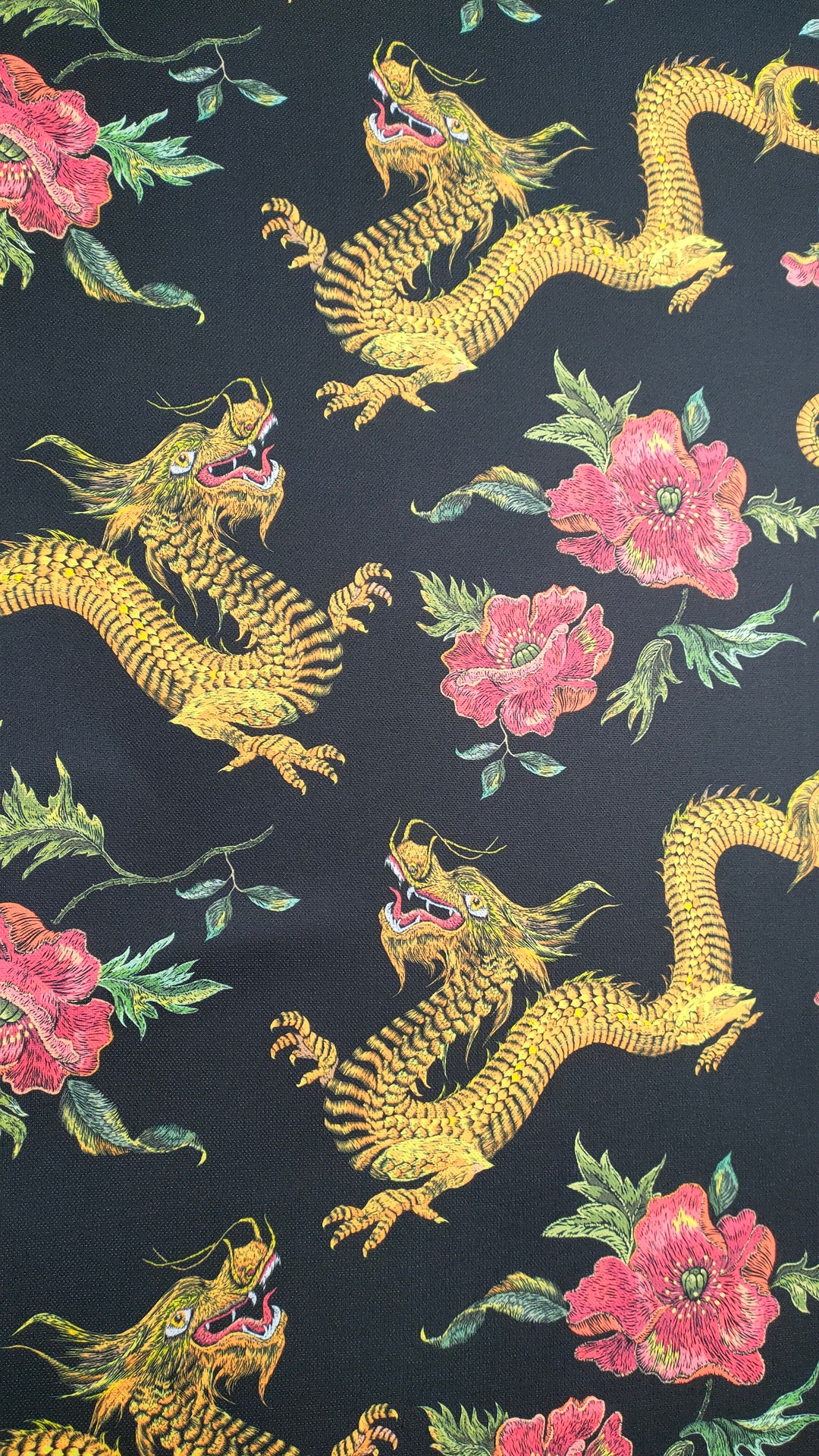 Chinese Dragons and Flowers Embroidery Effect Fabric Fabric by the Yard ...