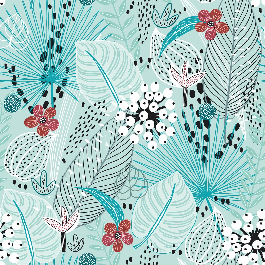 Turquoise Flowers and Tropic Leaves, Dandelion Upholstery Fabric ...