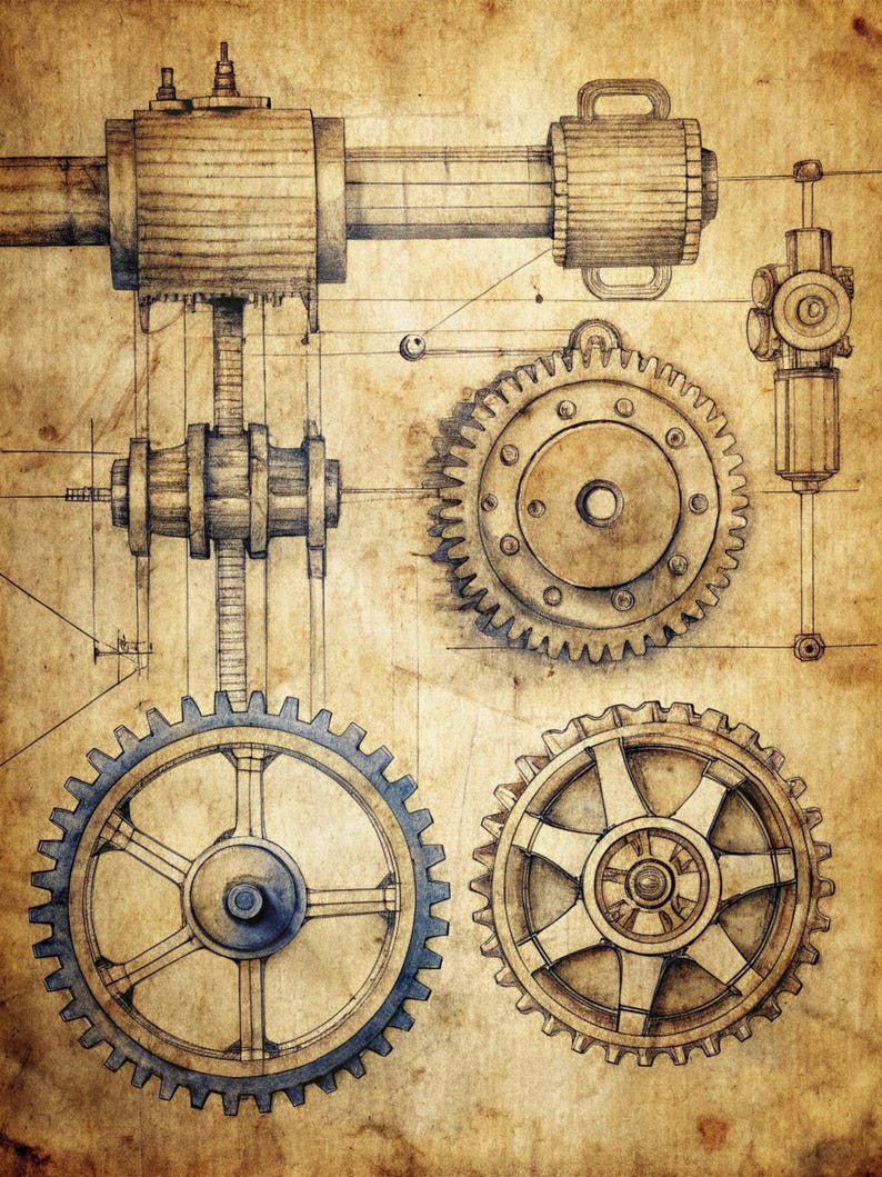Mechanical Blueprint Wall Art – Steampunk Industrial Engine Fabric ...
