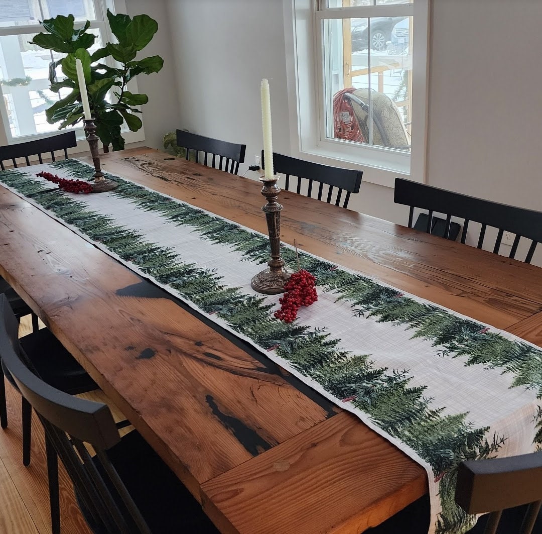 Lined Pine Tree Table Runner: Rustic Christmas Linen Effect Print Decor ...