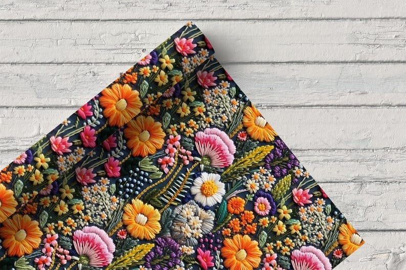 Floral Print Fabric: Embroidered Effect, Vibrant Boho Decor - Etsy
