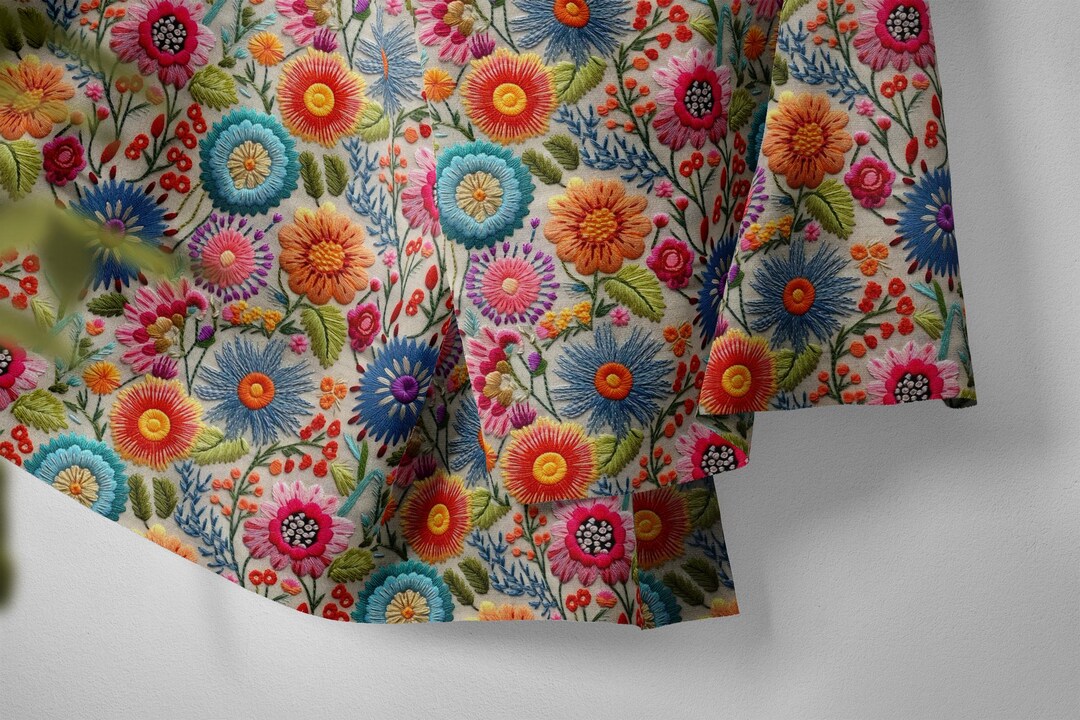 Floral Print Fabric: Embroidered Effect, Vibrant Boho Decor - Etsy