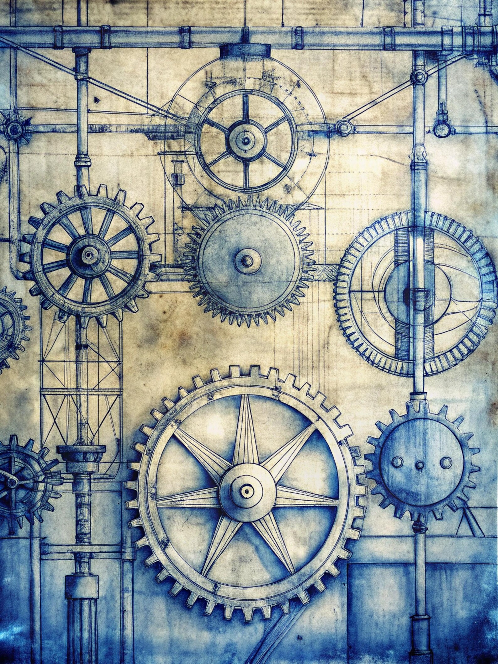 Mechanical Blueprint Wall Art – Steampunk Industrial Engine Fabric ...