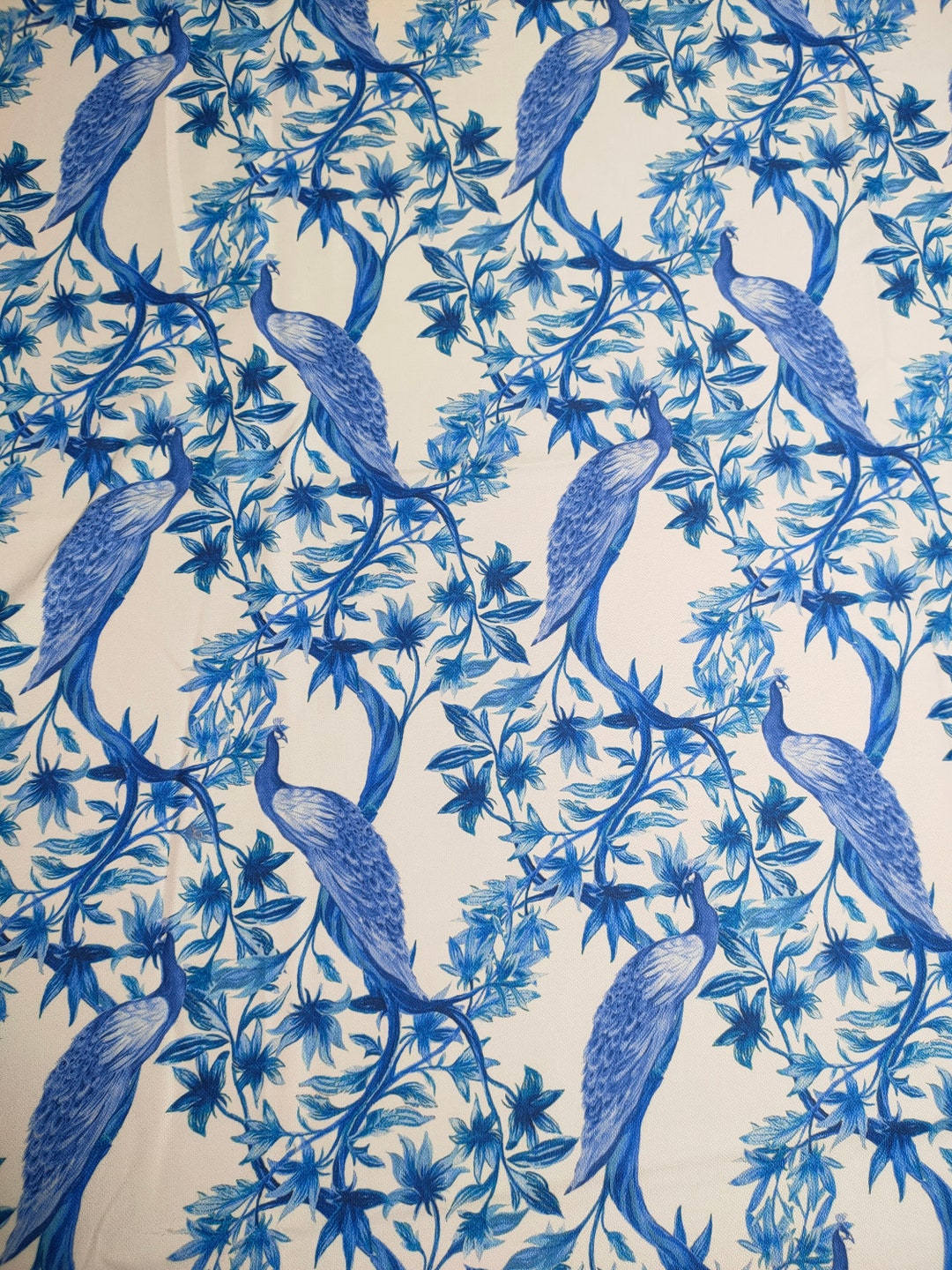 Peacock Fabric by the Yards, Blue White Watercolor Flower Vintage With Blue Peacocks, Branches ...