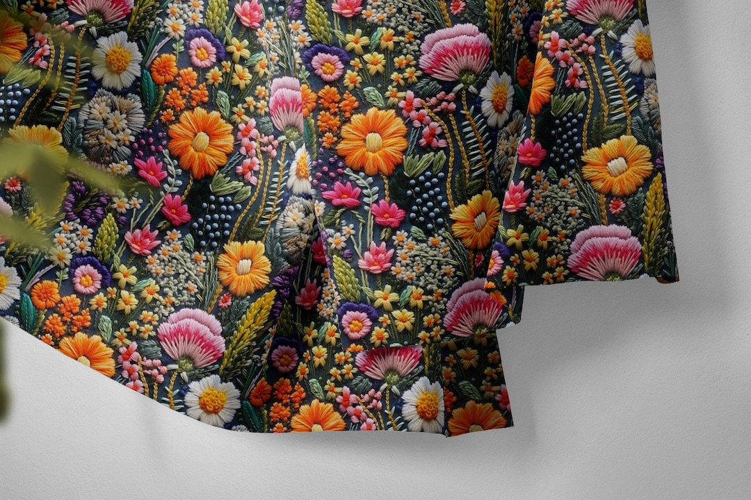 Floral Print Fabric: Embroidered Effect, Vibrant Boho Decor - Etsy
