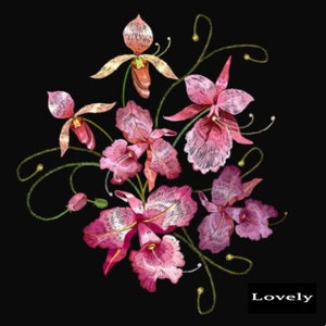 Pink Orchid Flowers Fabric Panel Fabric Upholstery Embroidery Effect ...