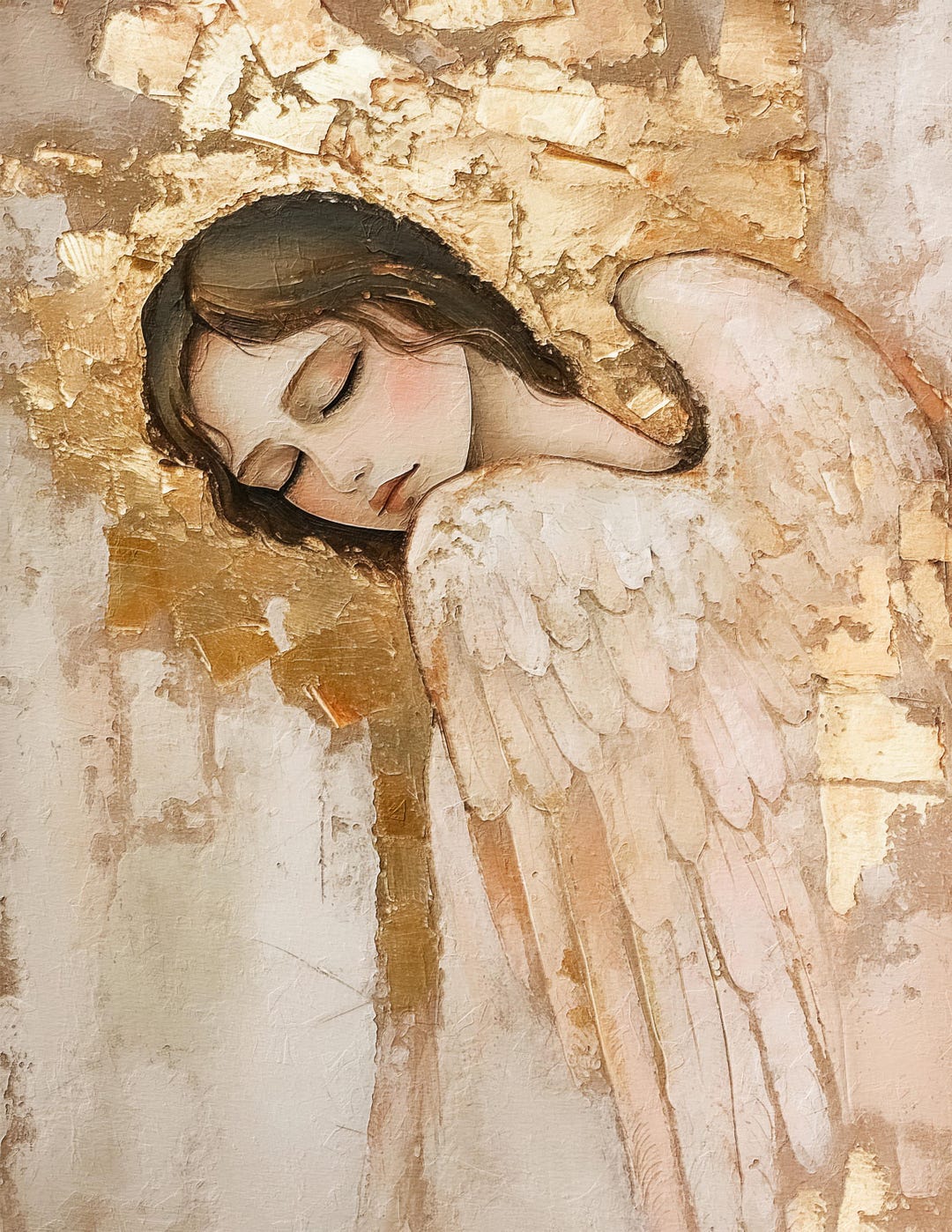 Sleeping Angel Art Print, Gold Leaf Angel Painting, Ethereal Angel Wall ...