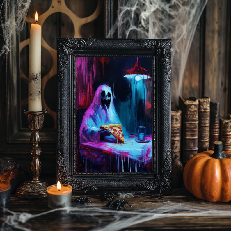 Ghost Eating Pizza at Diner Oil Painting Digital Wall Art Gothic Home ...