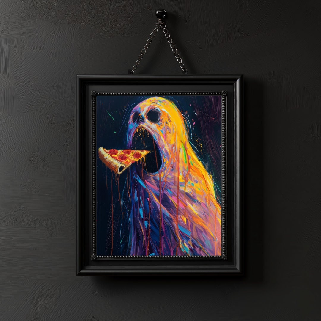 Colorful Ghost Eating Pizza Oil Painting Digital Wall Art Print Gothic ...