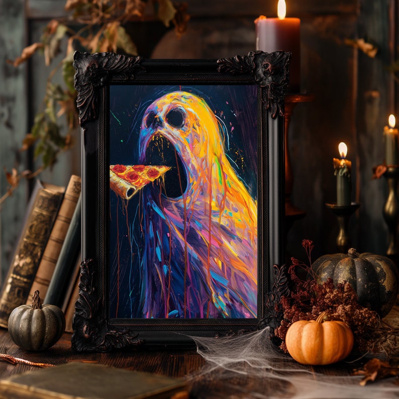 Colorful Ghost Eating Pizza Oil Painting Digital Wall Art Print Gothic ...