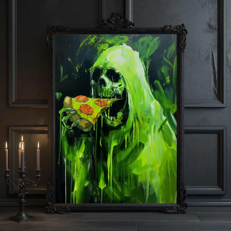 Green Skeleton Eating Pizza Oil Painting Digital Wall Art Print Gothic ...