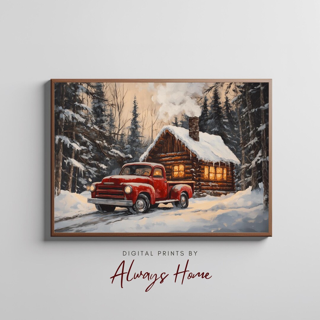 Red Truck Log Cabin Digital Wall Art Print Christmas Winter Rustic Home ...