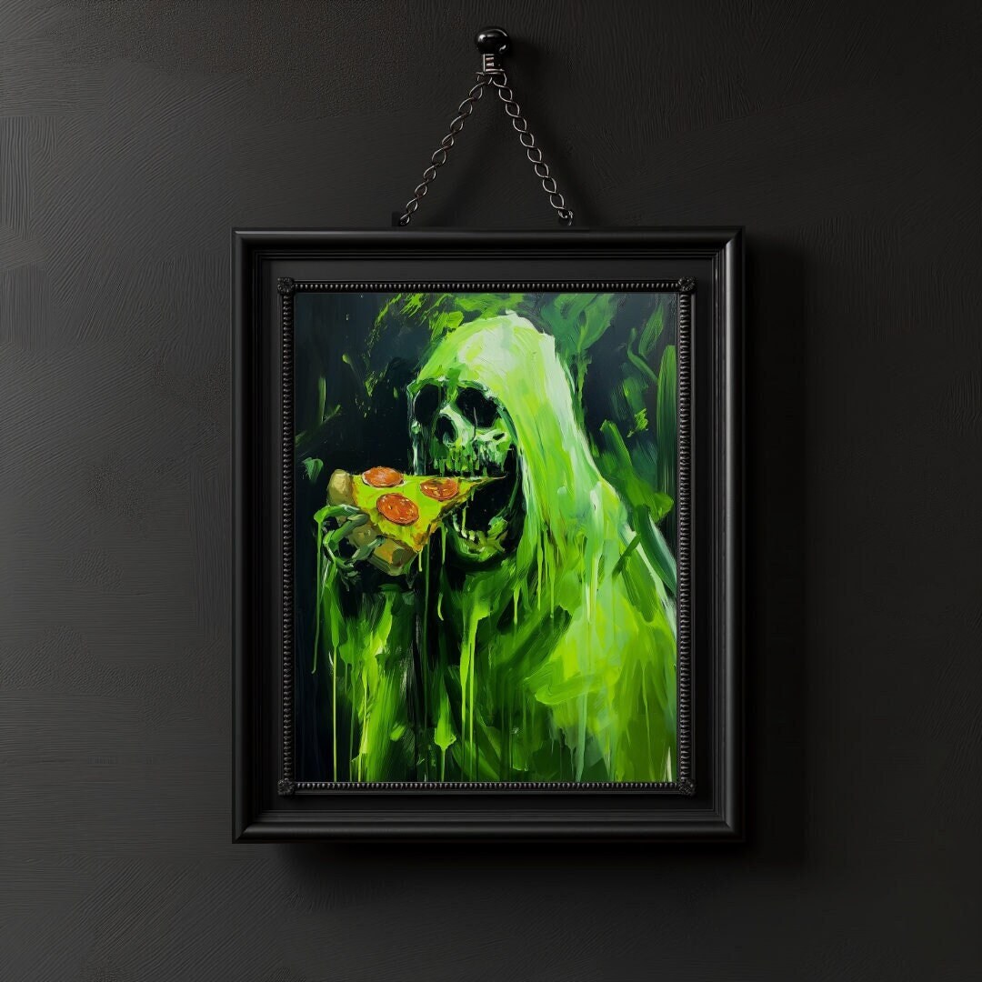 Green Skeleton Eating Pizza Oil Painting Digital Wall Art Print Gothic ...
