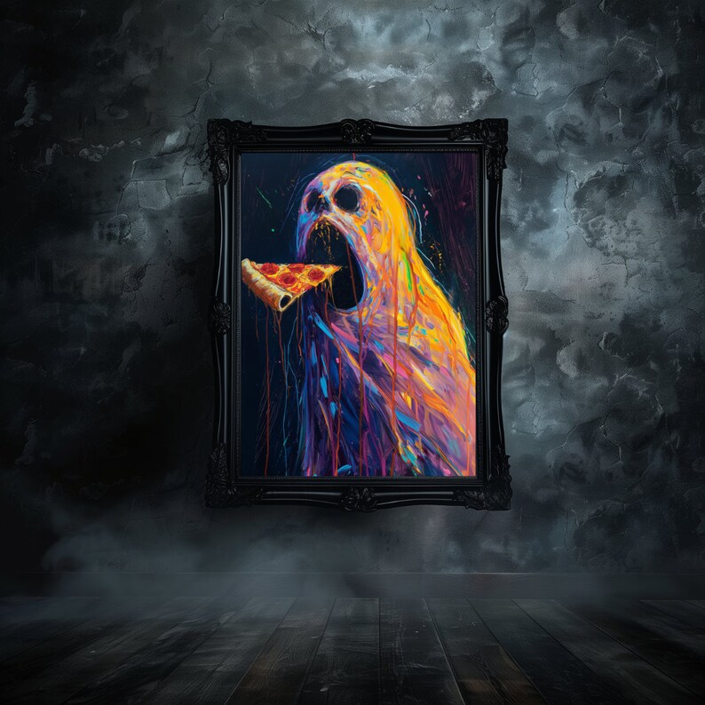 Colorful Ghost Eating Pizza Oil Painting Digital Wall Art Print Gothic ...
