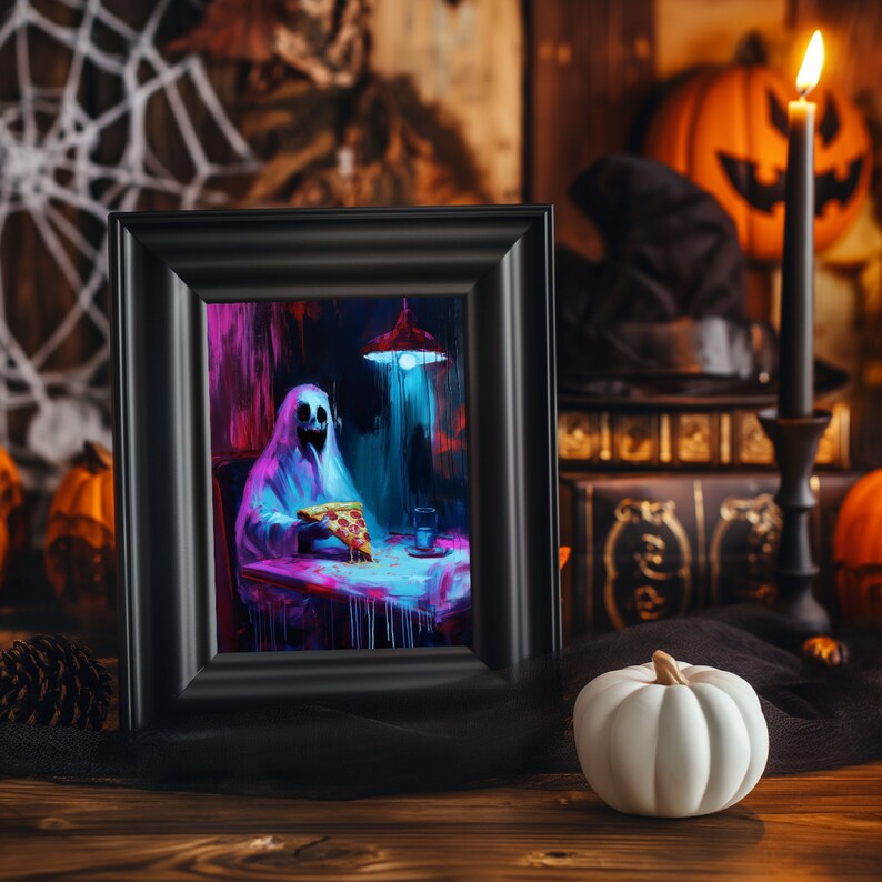 Ghost Eating Pizza at Diner Oil Painting Digital Wall Art Gothic Home ...