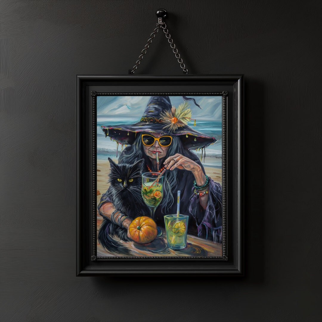 Beach Witch With Black Cat Oil Painting Digital Wall Art Print Spooky ...
