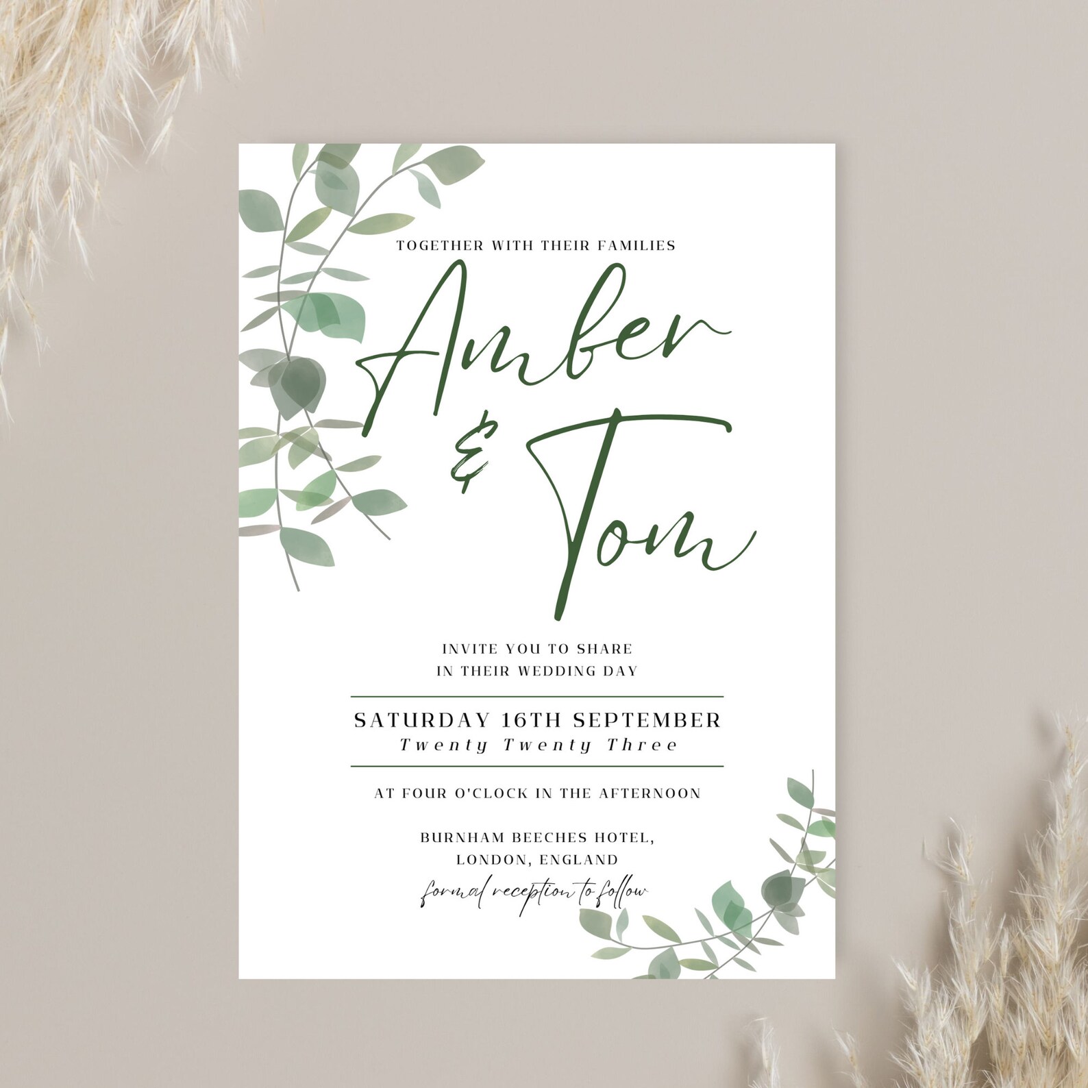Wedding Invitation Template Green Leaf Wedding Invite Digital Download ...