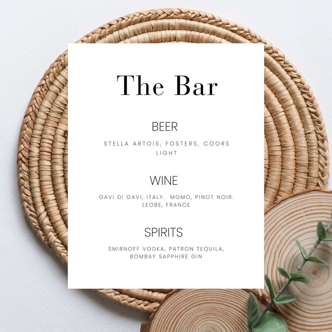The Bar Menu Sign, Modern Drink Menu Template, Minimalist Wedding Bar ...