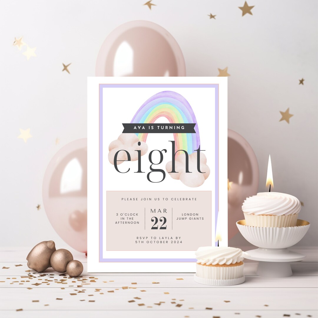 Rainbow 8th Birthday Invitation for Girls Colourful Rainbow Fun Girls ...