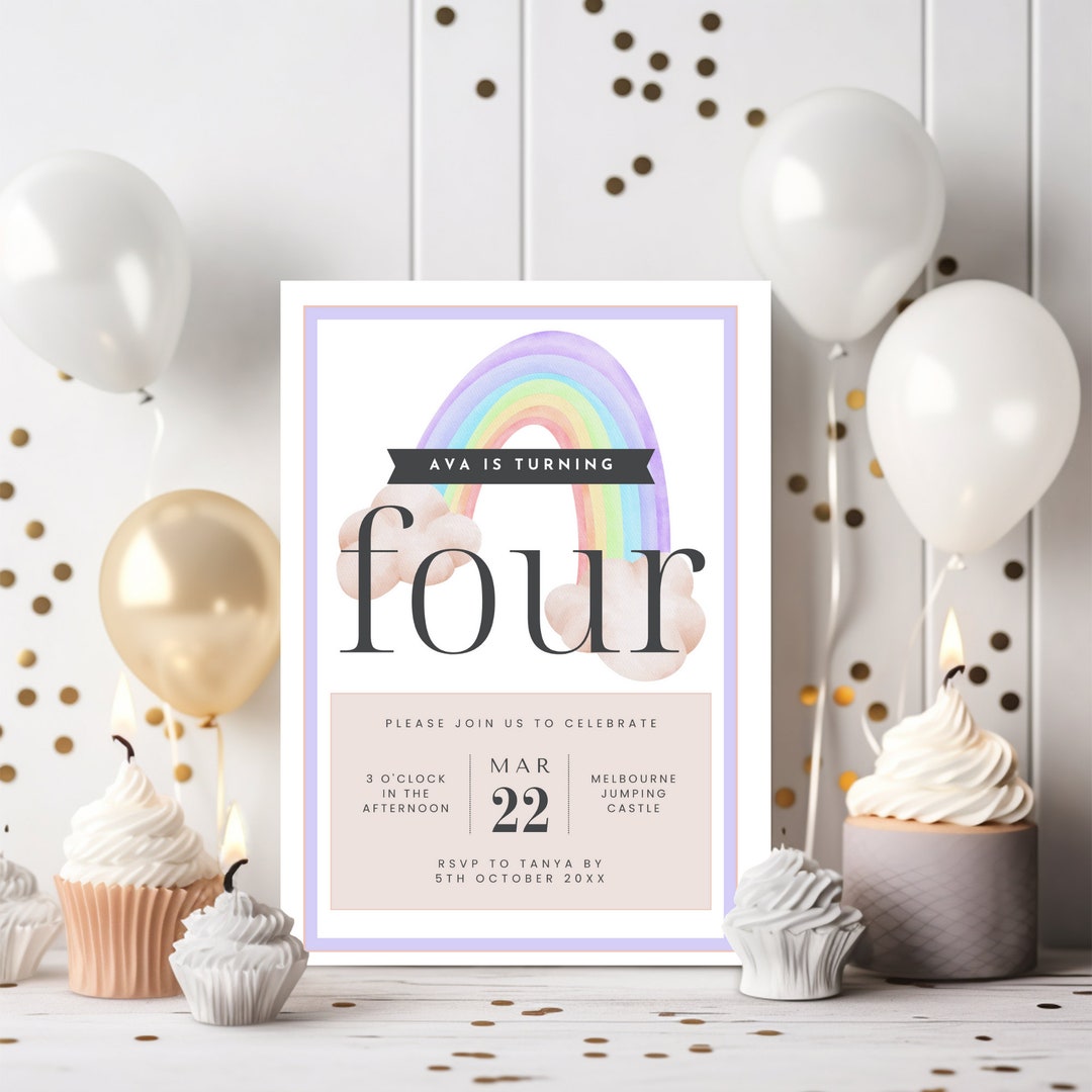 Rainbow 4th Birthday Invitation for Girls Colourful Rainbow Fun Girls ...