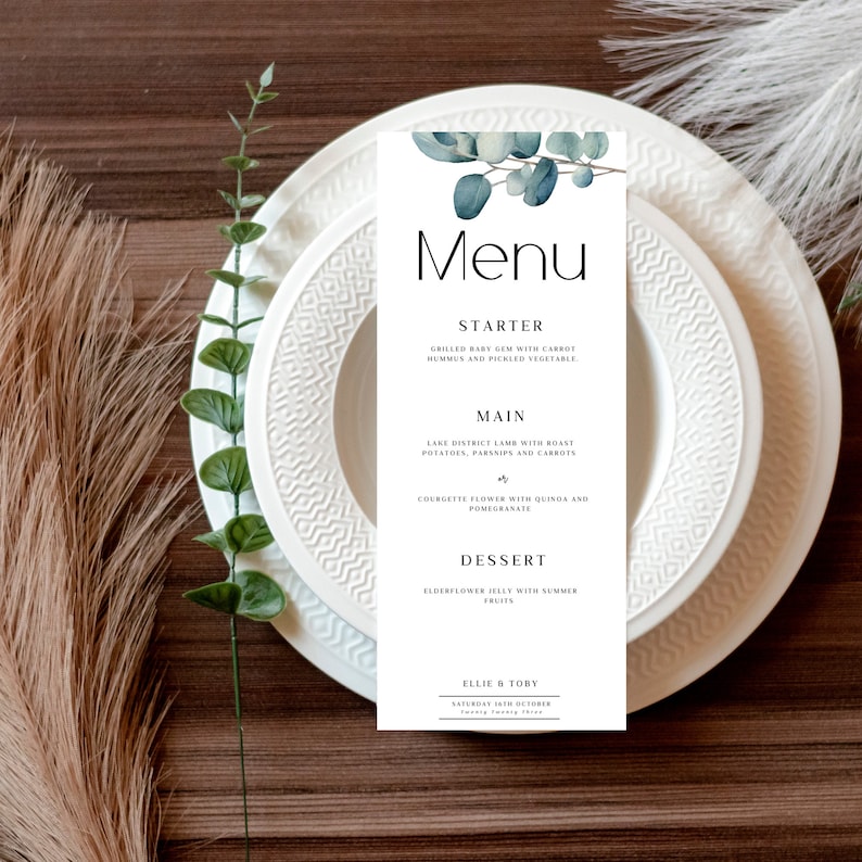 Greenery Wedding Menu Template Leaf Menu Card Instant Digital Download ...