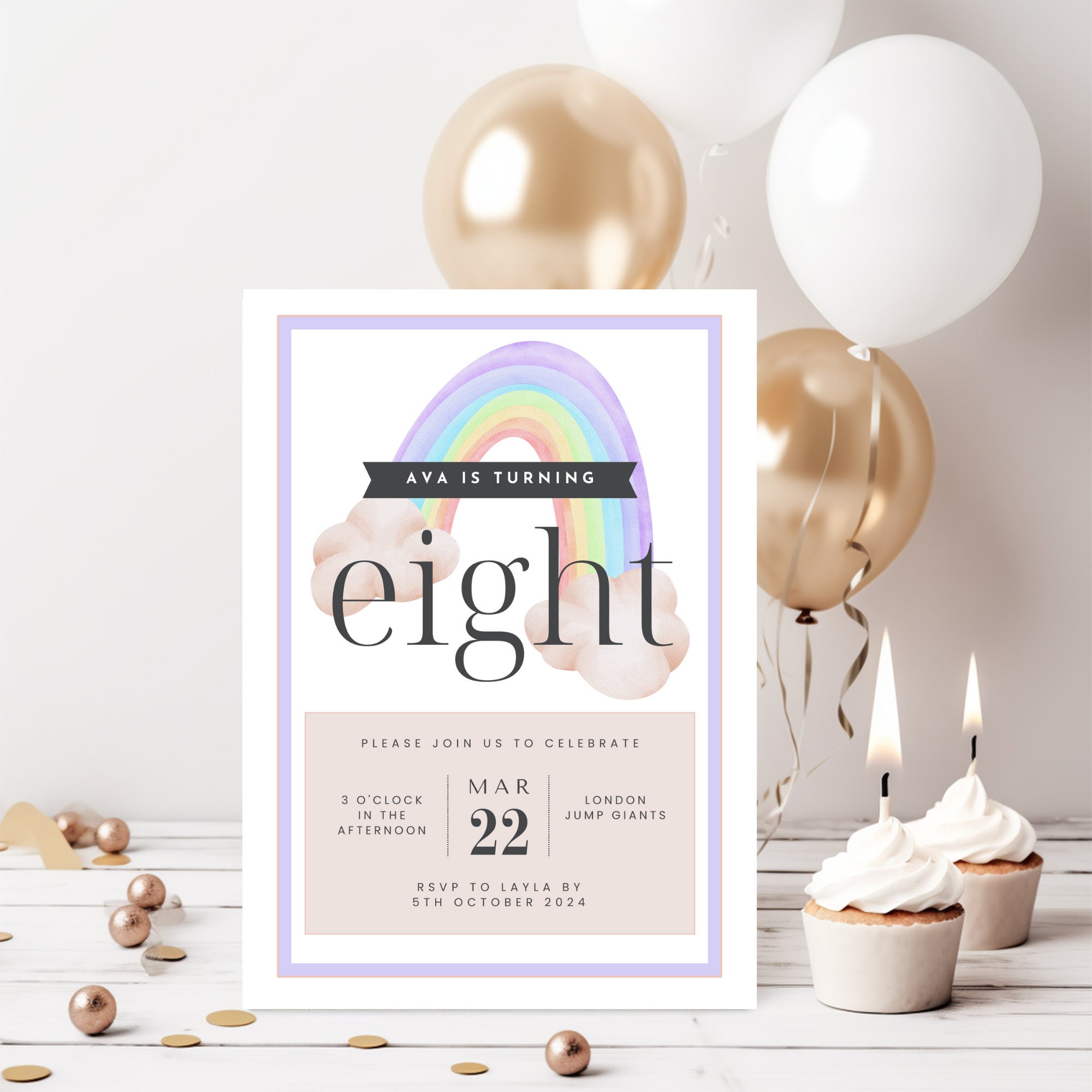 Rainbow 8th Birthday Invitation for Girls Colourful Rainbow Fun Girls ...