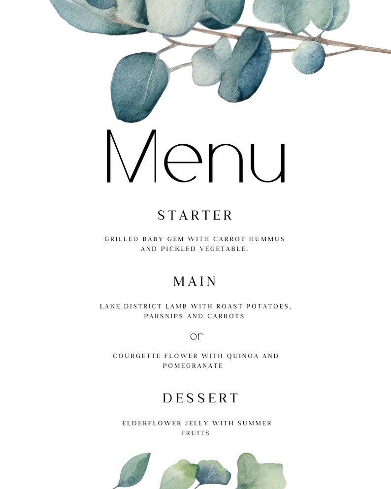Minimalist Dinner Menu Template, Wedding Food Menu Sign Printable, Boho ...