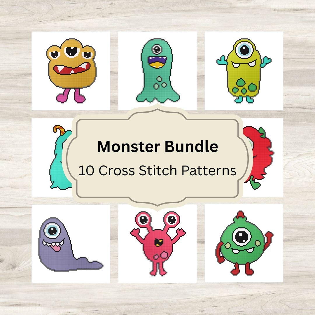 Monster Cross Stitch Pattern Bundle - 10 PDF Download Patterns - Small ...