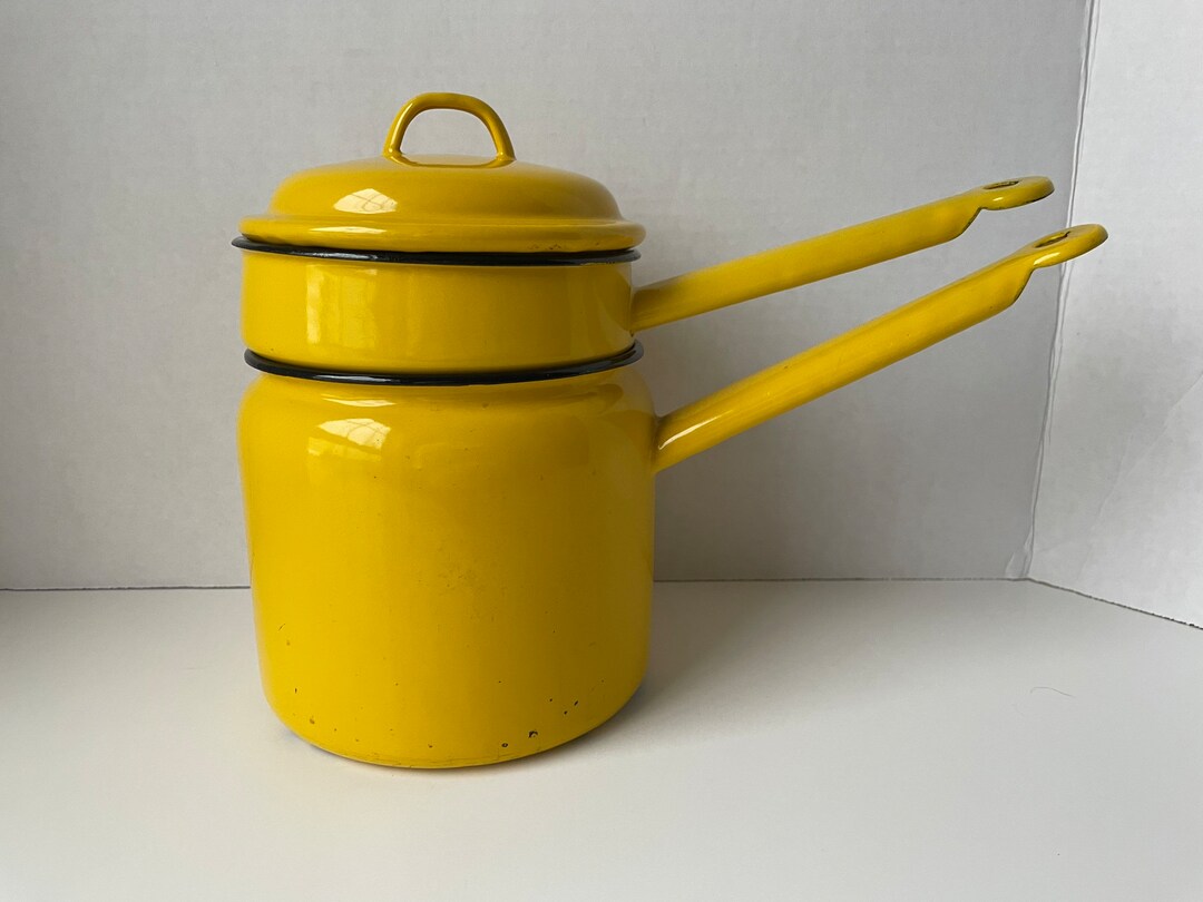 Vintage Yellow Enamel Double Boiler Pot, Vintage Enamel Pot, Yellow ...