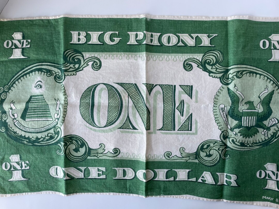 Vintage Mary Sarg Big Phony One Dollar Linen Tea Towel, Kitsch Decor ...