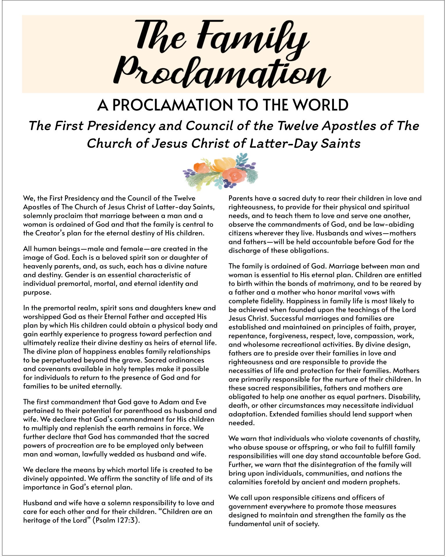 The Family A Proclamation to the World Proclamation, LDS Church Inclut ...
