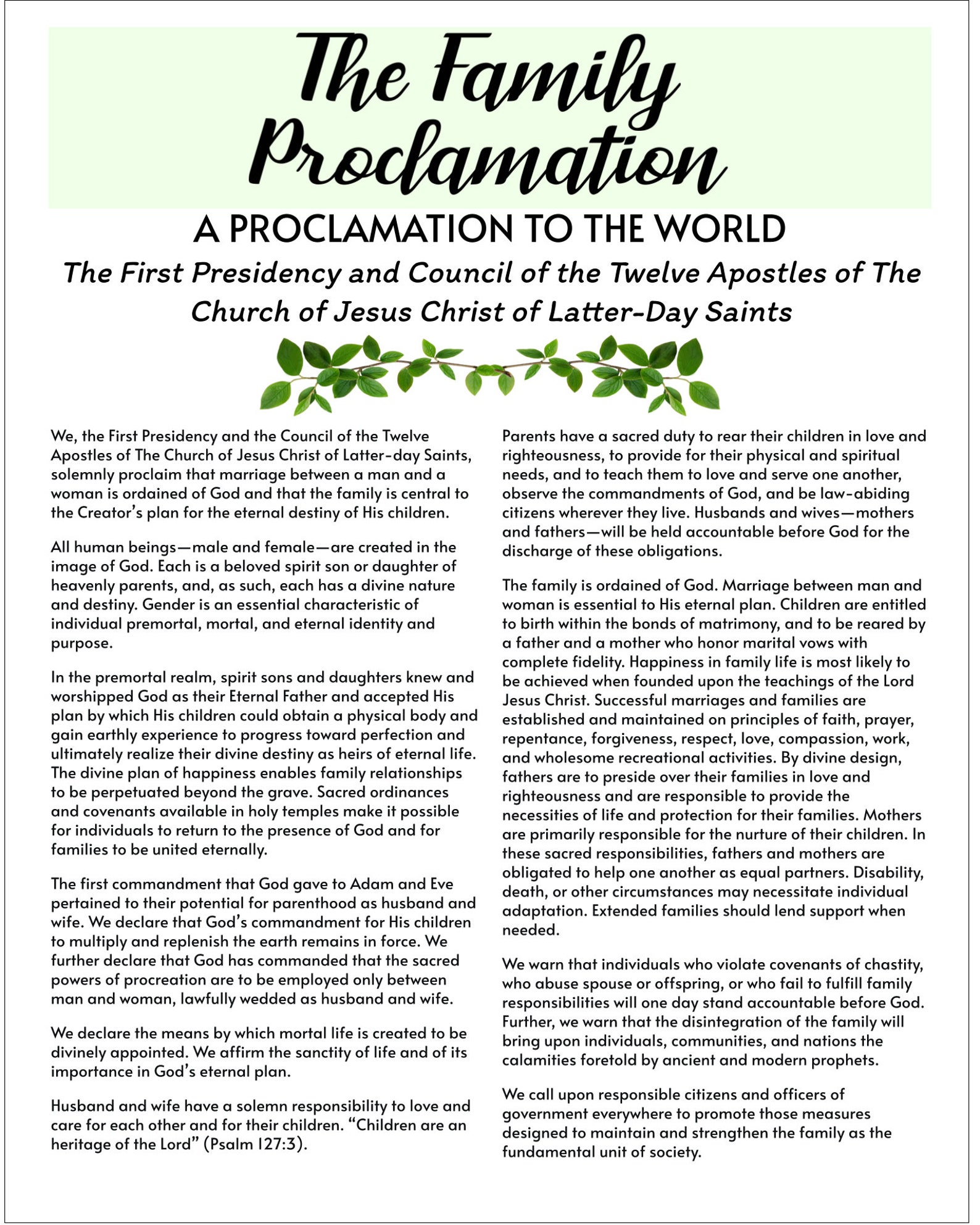 The Family A Proclamation to the World Proclamation, LDS Church Inclut ...