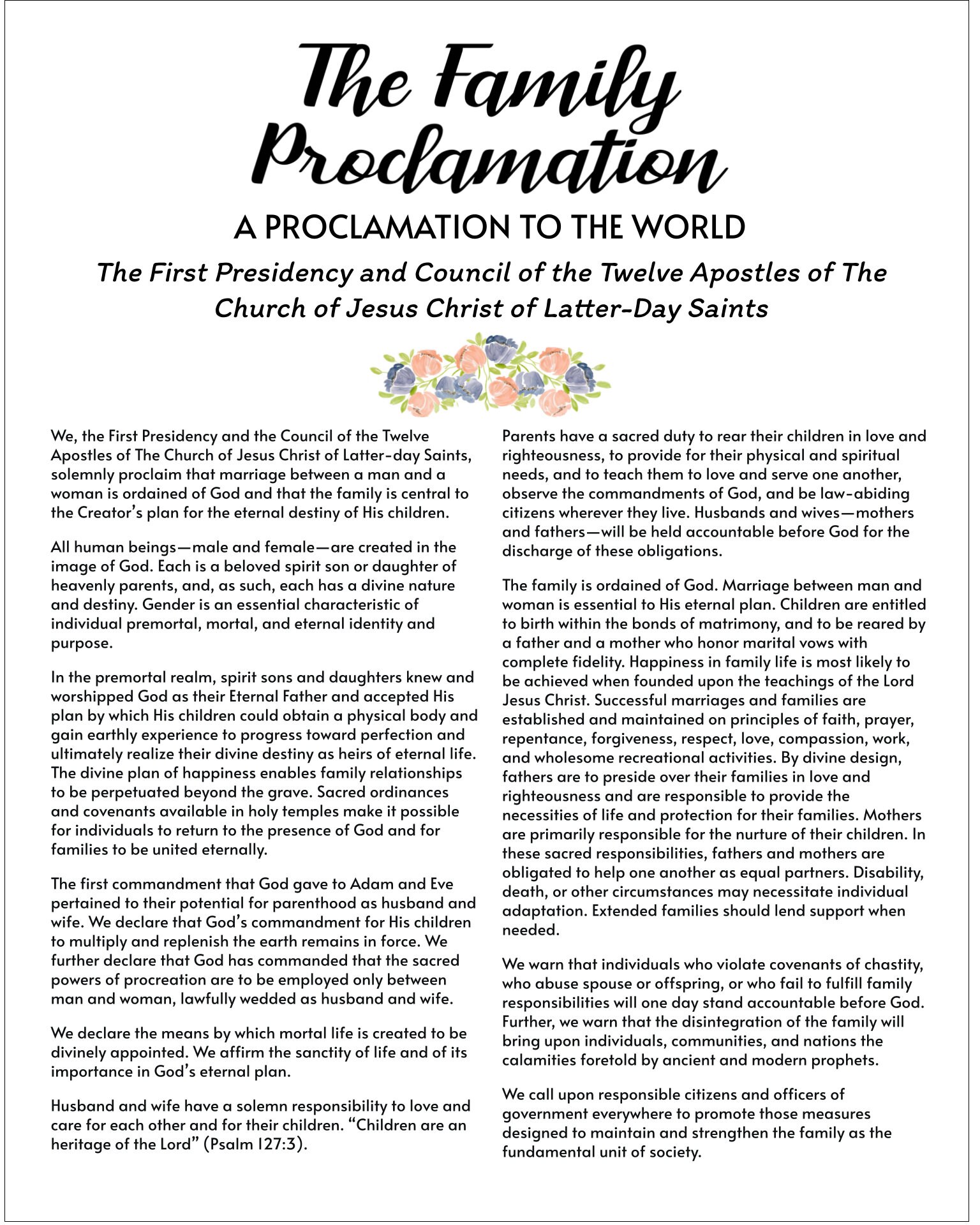 The Family A Proclamation to the World Proclamation, LDS Church Inclut ...