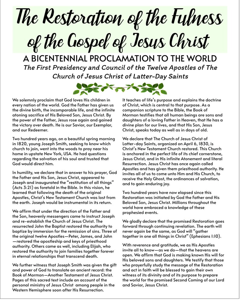 The Restoration of the Fulness of the Gospel of Jesus Christ, LDS April ...