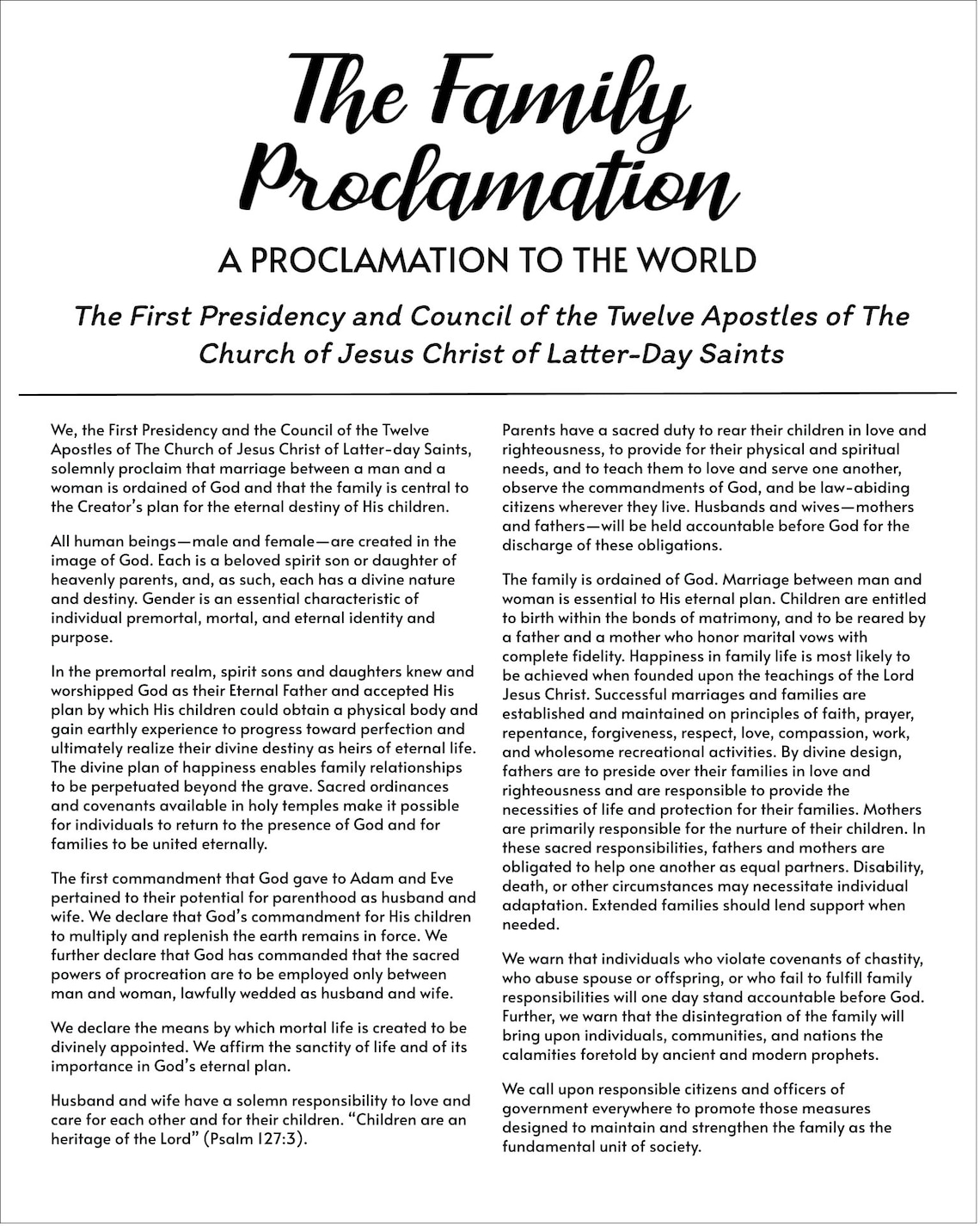 The Family A Proclamation to the World Proclamation, LDS Church Inclut ...