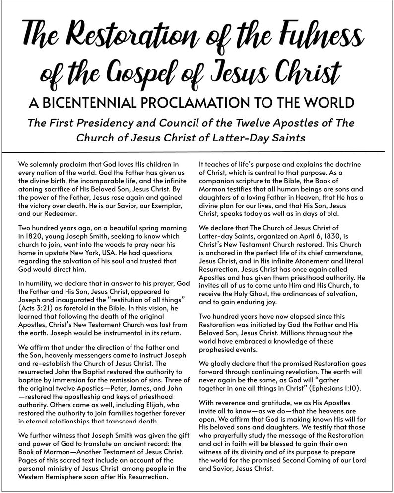 The Restoration of the Fulness of the Gospel of Jesus Christ, LDS April ...
