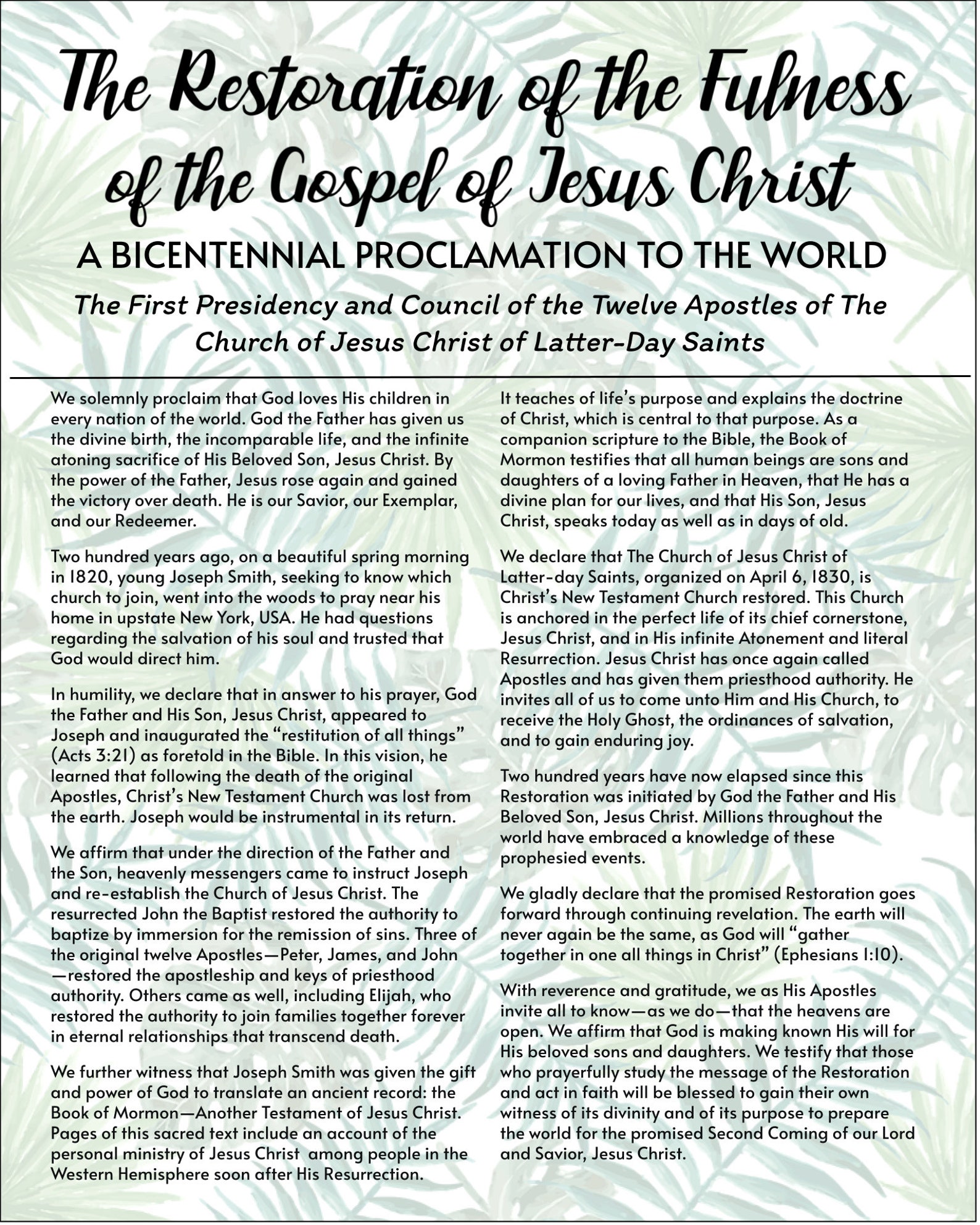 The Restoration of the Fulness of the Gospel of Jesus Christ, LDS April ...
