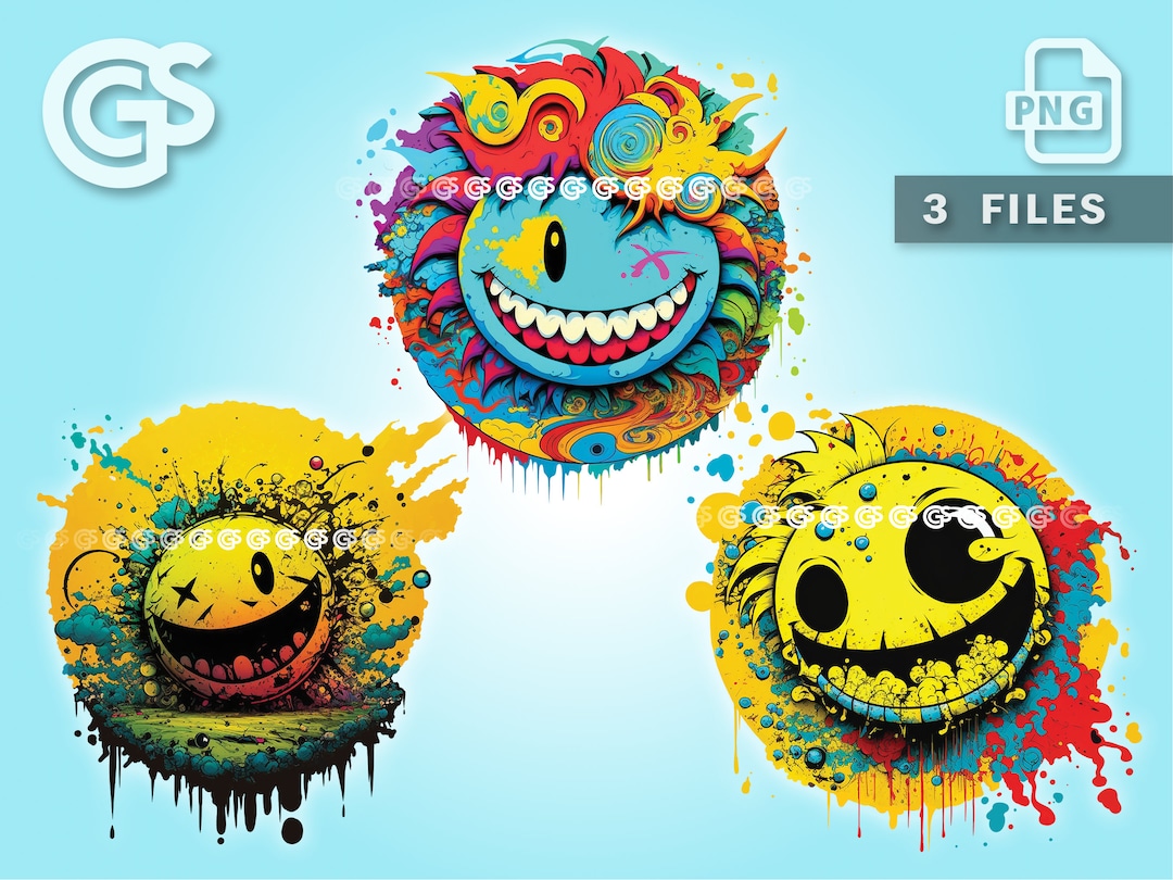 Psychedelic Smiley Face Emoji Bundle (3) PNG - Twitch Emote T-shirt Digital File, Trippy Sticker ...