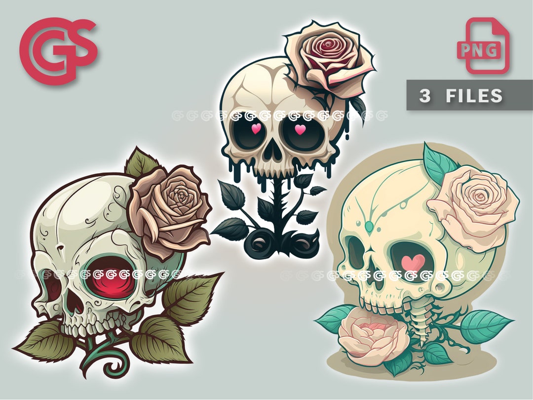 Skulls and Roses Bundle (3) PNG Files - for Shirts & Cups Mugs, Hearts ...