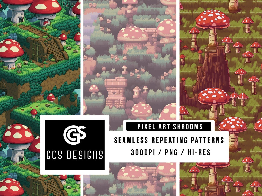 Seamless PNG Mushrooms Pixel Art | Seamless Pattern Repeating Design ...