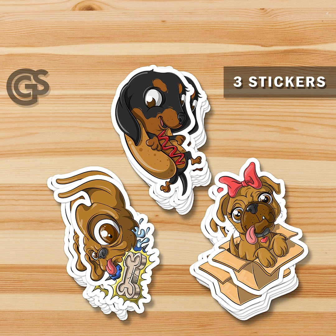 Cute Puppy Stickers (3) Vinyl Sticker, Decal, Dachshund, Pug, Puppies ...