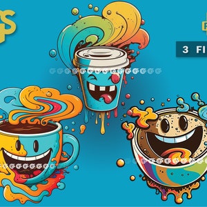 Trippy Coffee Bundle (3) PNG Psychedelic Smiley Face for Shirts & Cups ...