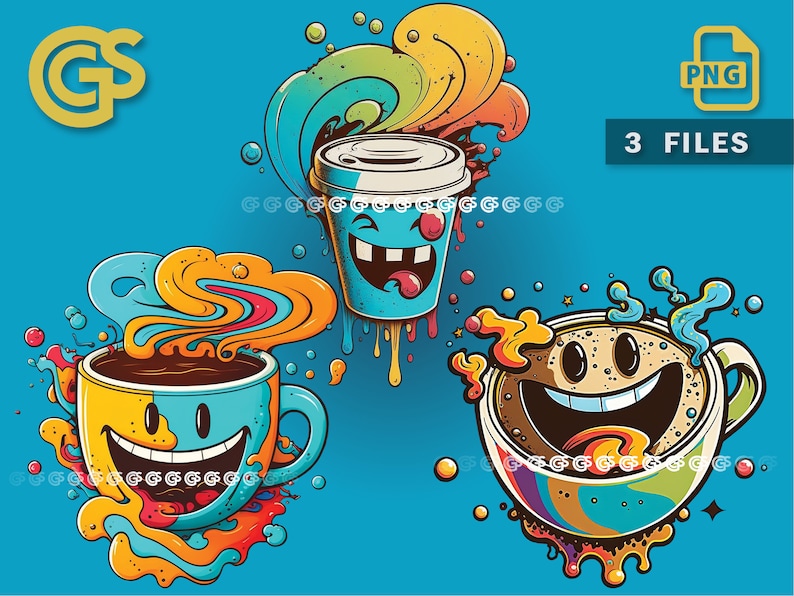 Trippy Coffee Bundle (3) PNG Psychedelic Smiley Face for Shirts & Cups ...
